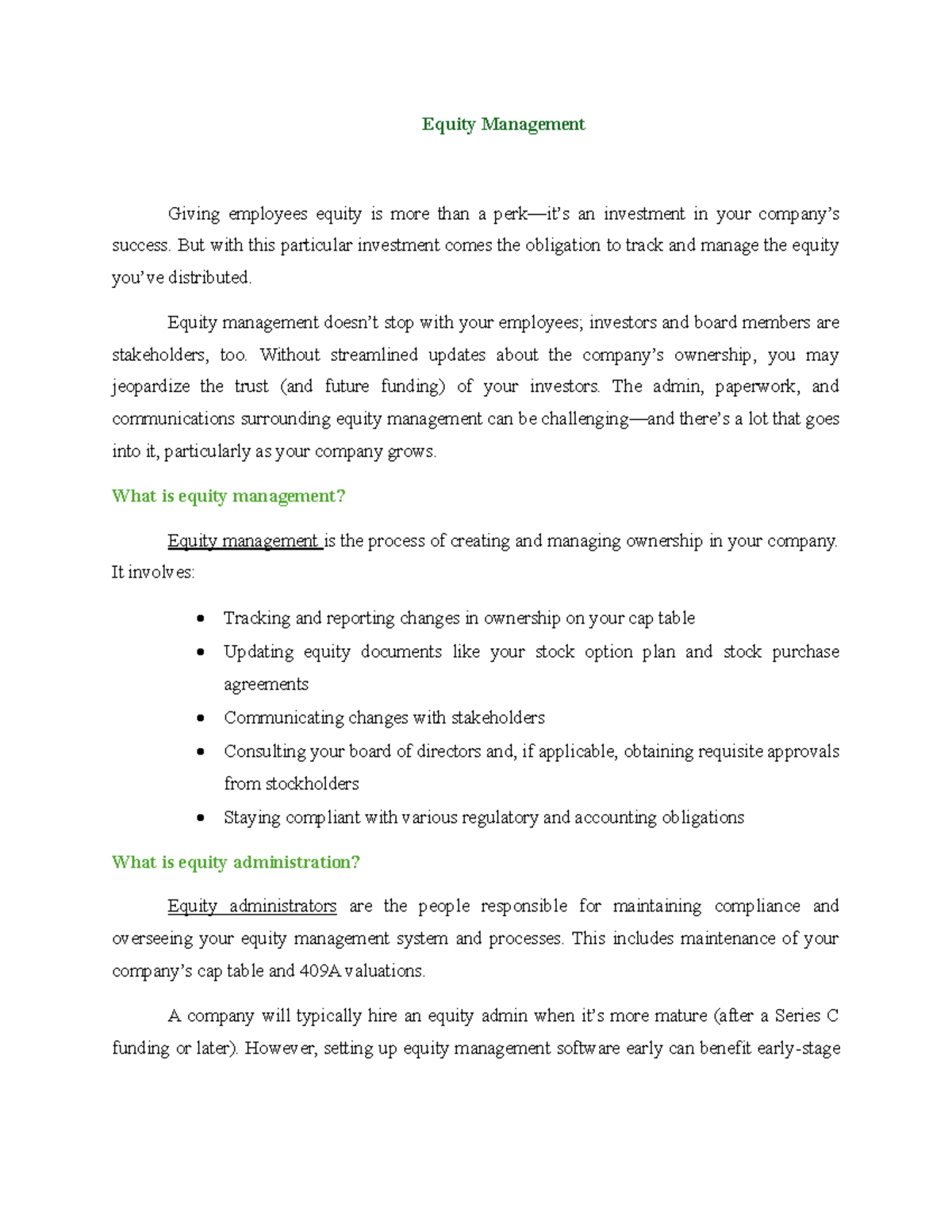 Chapter-7 - Equity- Management - Equity Management Giving employees ...