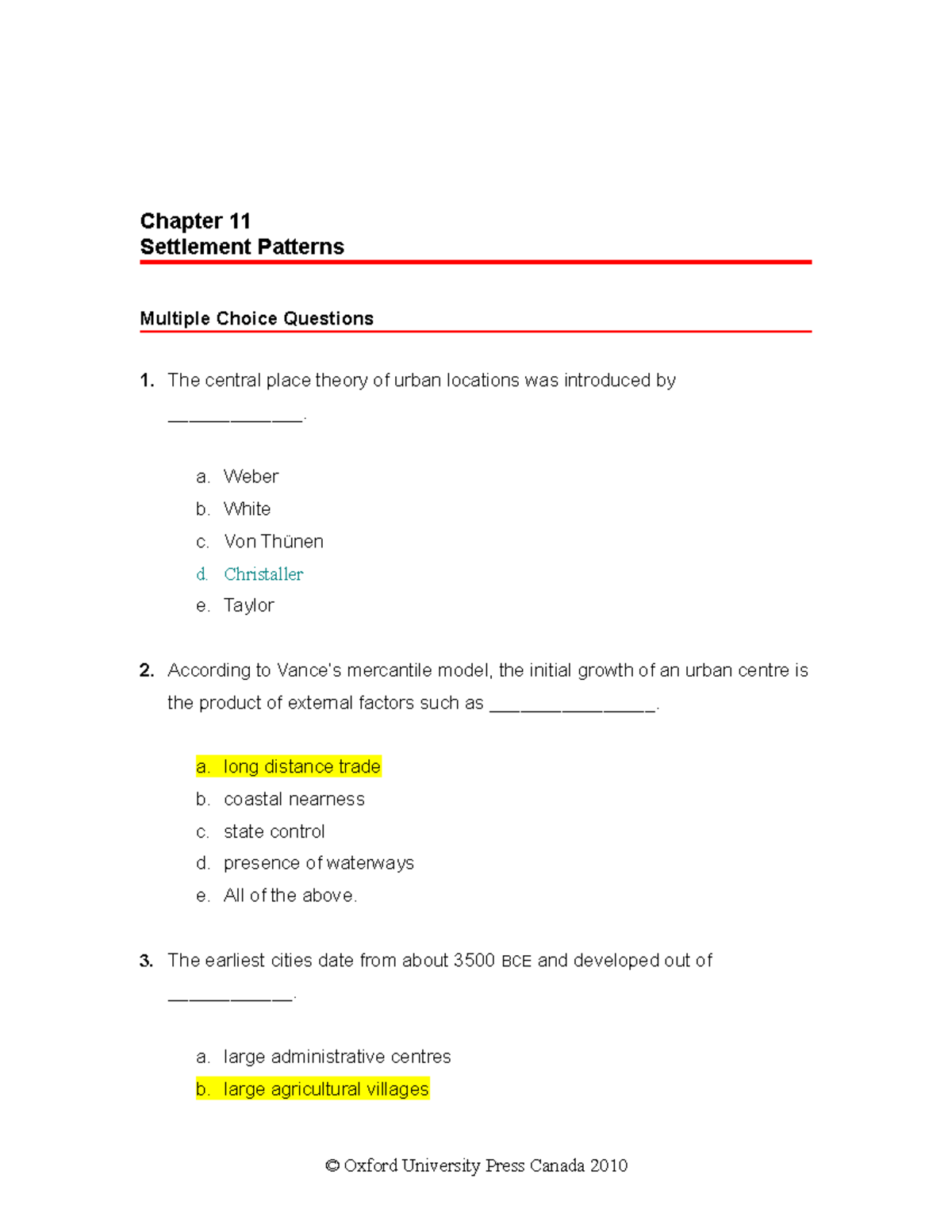 Chapter 11 - ICM - Chapter 11 Settlement Patterns Multiple Choice ...