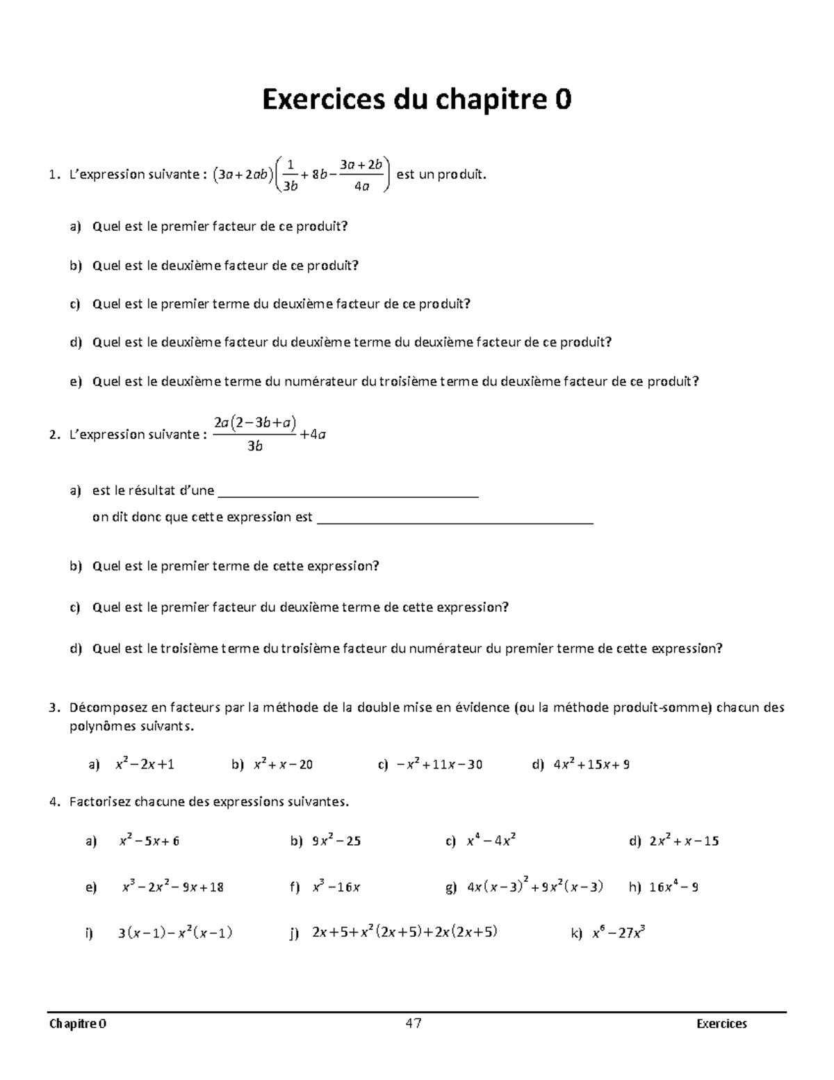 Exercices et Solutions - Chapitre 0 47 Exercices Exercices du chapitre ...
