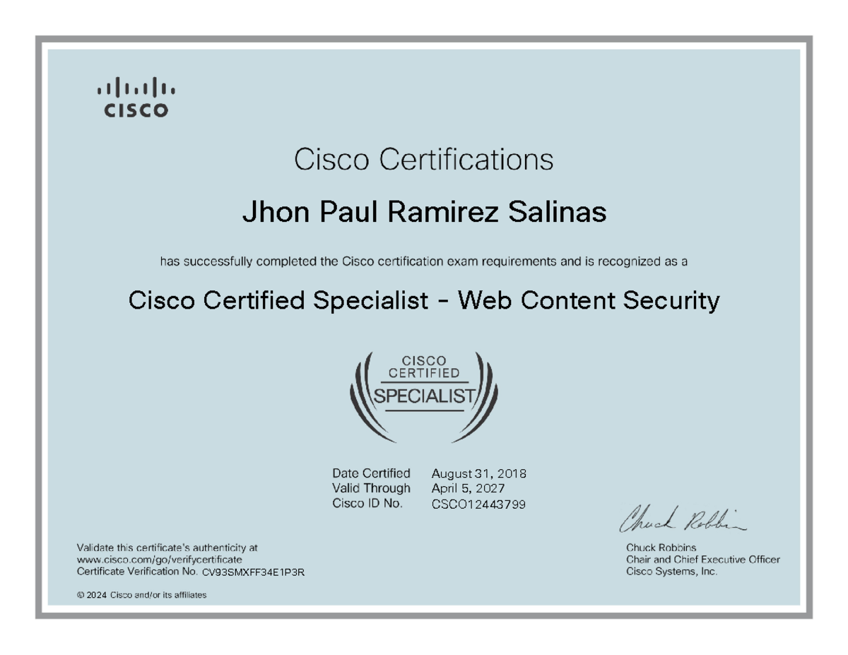 Cisco Certified Specialist - Web Content Security certificate - Redes y ...