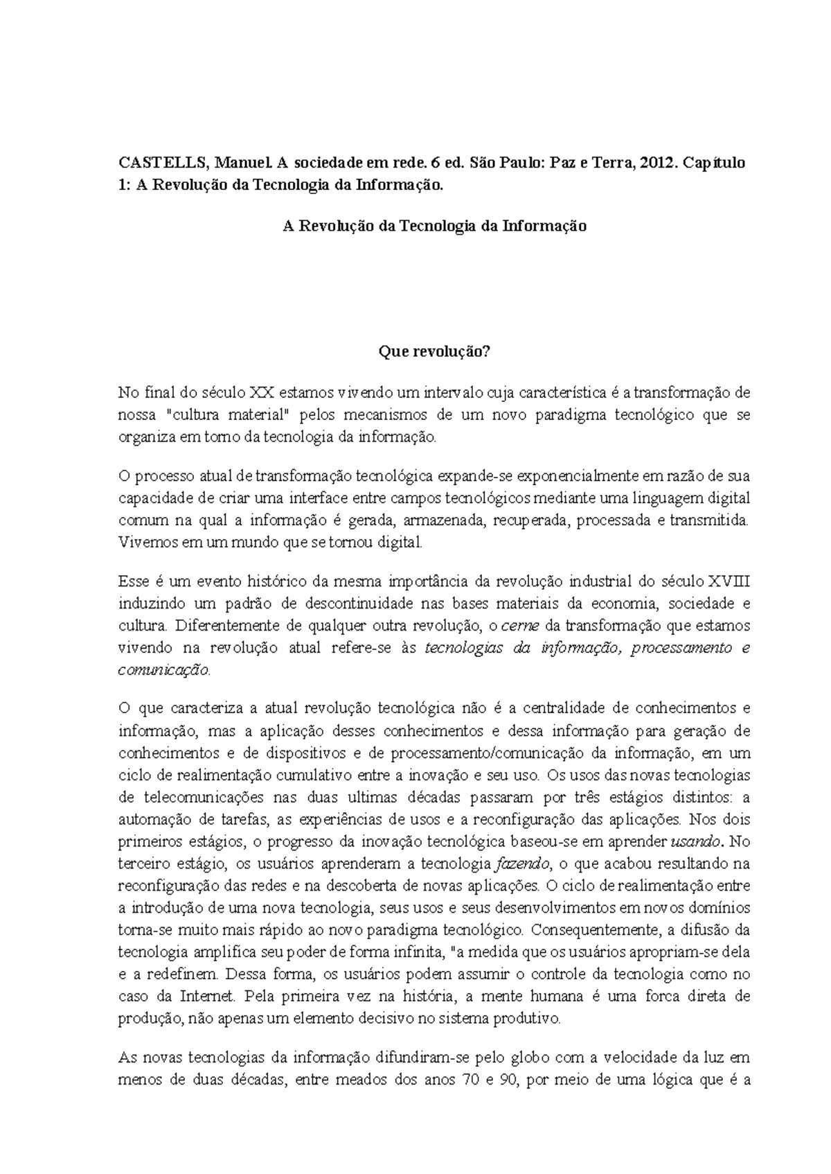 Manuel Castells Sociedade Em Rede Resumo - RETOEDU