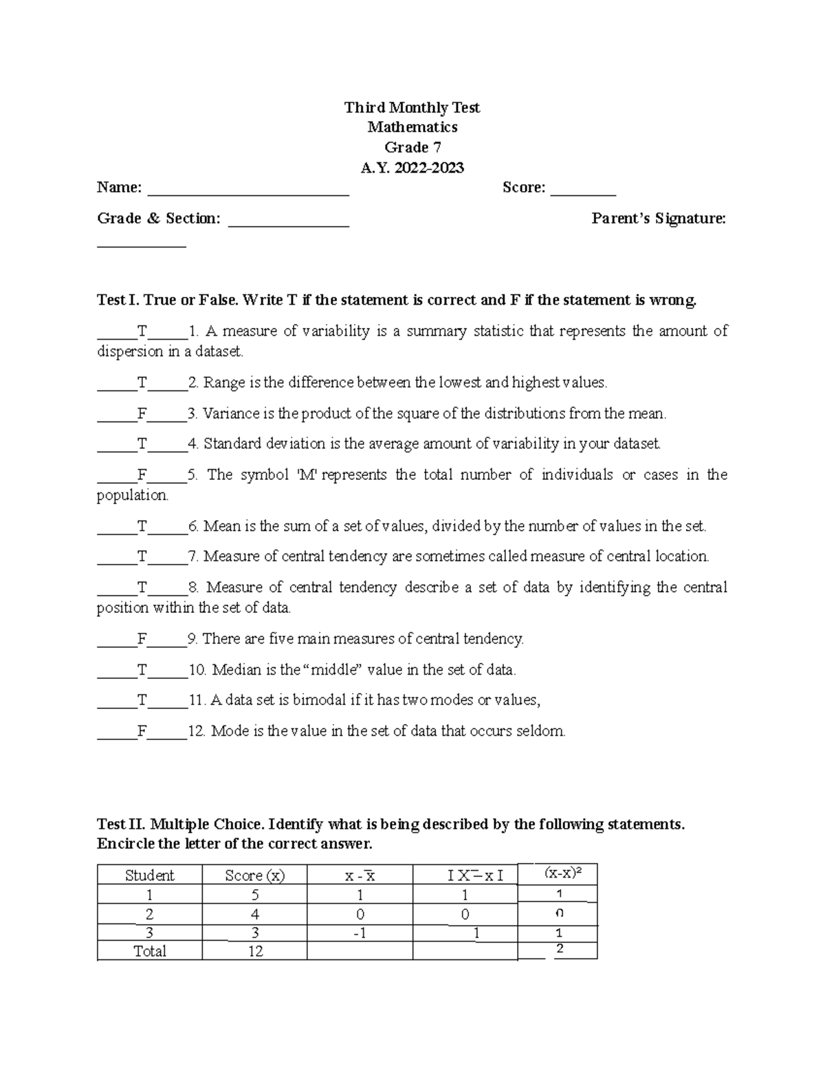 Project EXAM IN MATH - turyeywetwet - Third Monthly Test Mathematics ...