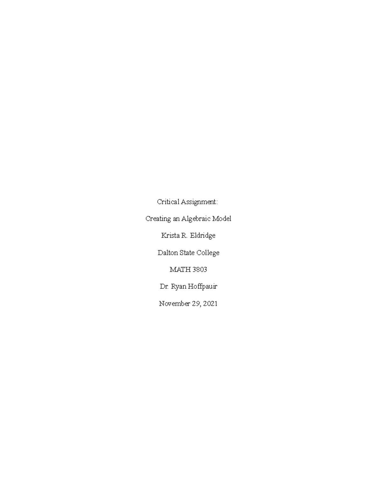 Eldridge Algebraic Model - Critical Assignment - Critical Assignment ...