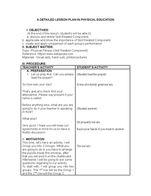 (Health 1) Detailed LP - DETAILED LESSON PLAN IN PHYSICAL EDUCATION l ...