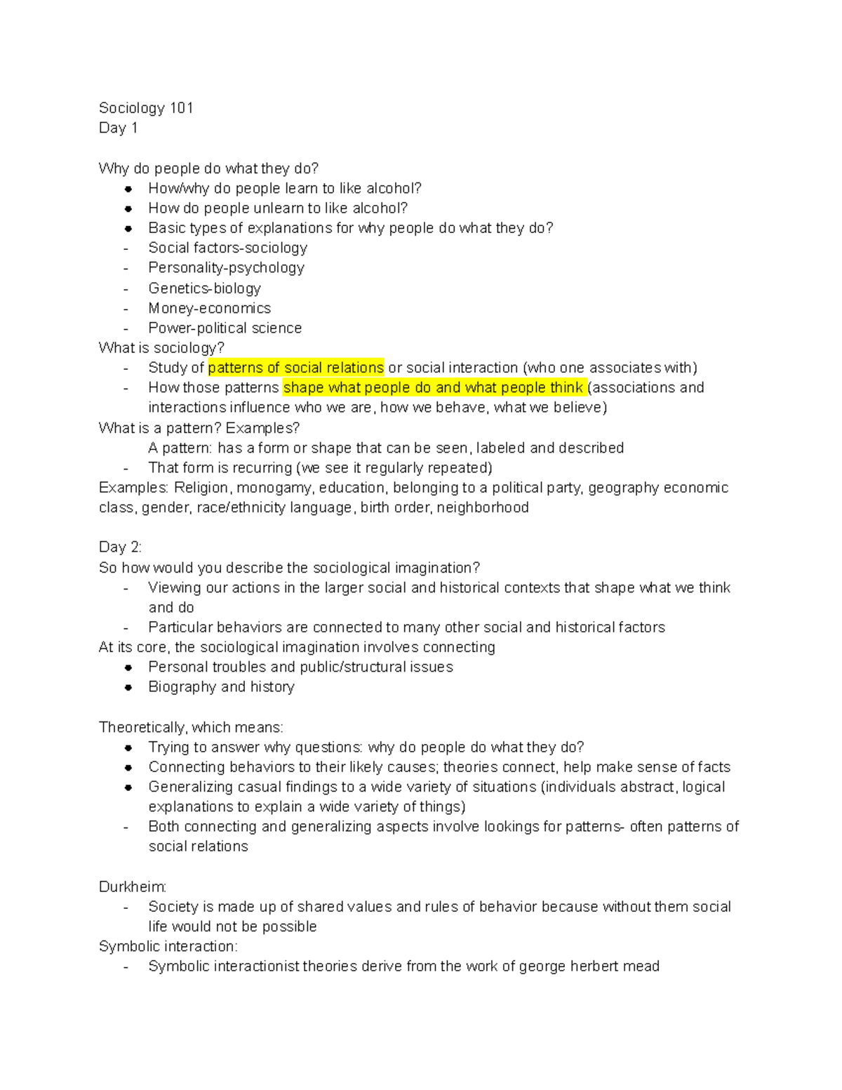 Sociology - Lecture notes 1-6 - Sociology 101 Day 1 Why do people do ...
