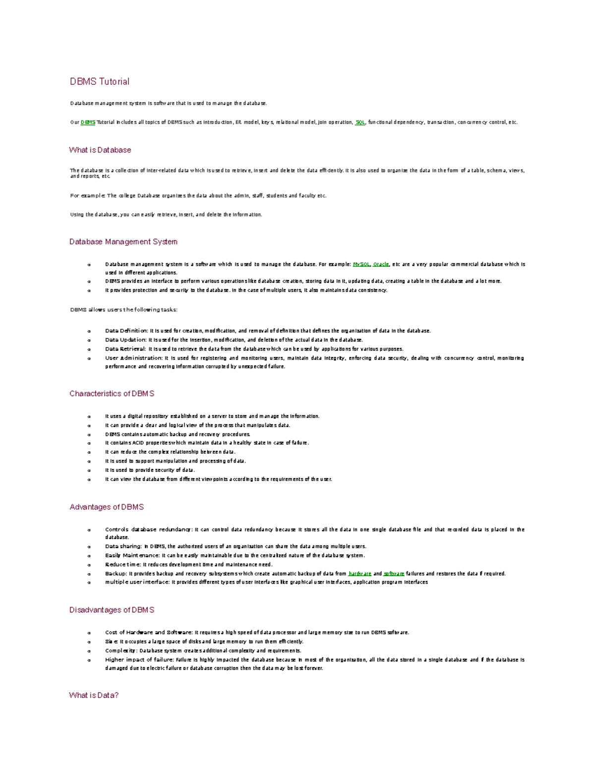 Data Base Management System Dbms Tutorial Database Management System Is Software That Is Used