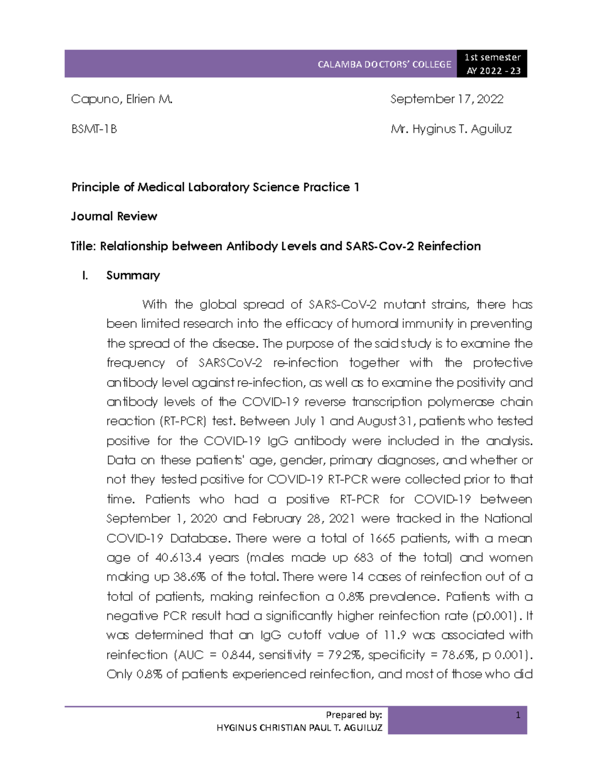Prelim - Journal Review #1 - Capuno, Elrien M. September 17, 2022 BSMT ...