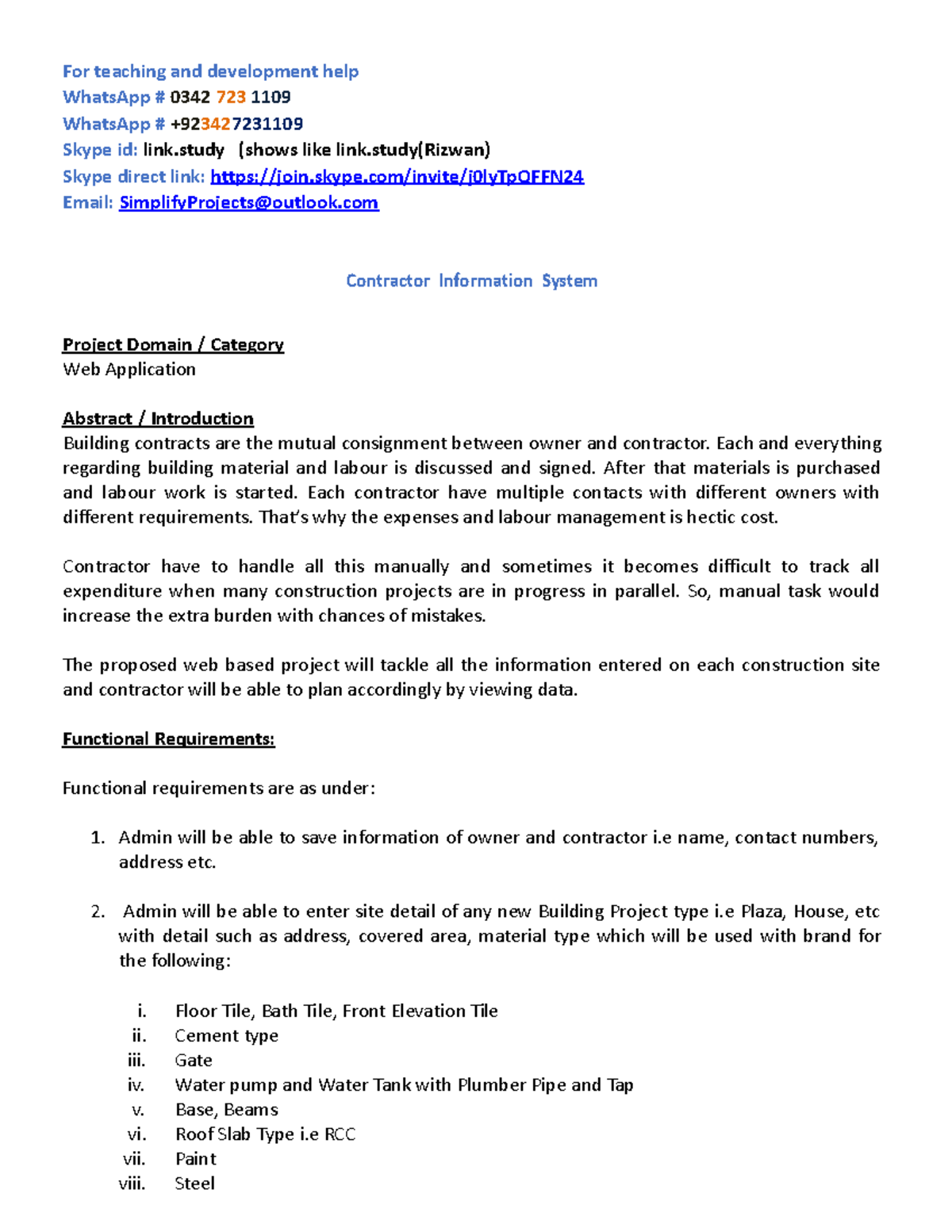 Contractor Information System - WhatsApp # 0342 723 1109 WhatsApp # +92 3427231109 Skype id ...