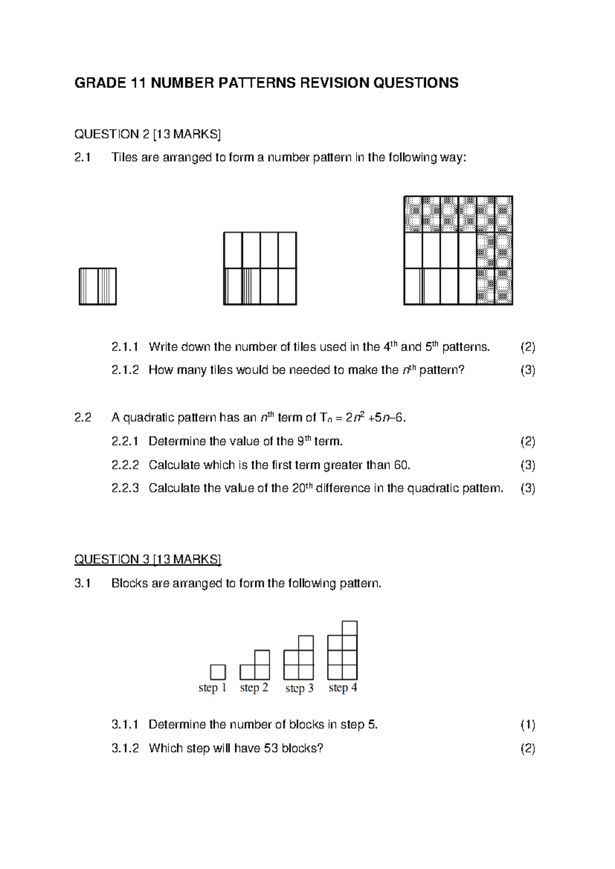 Gr 11 Number Patterns Questions GRADE 11 NUMBER PATTERNS REVISION