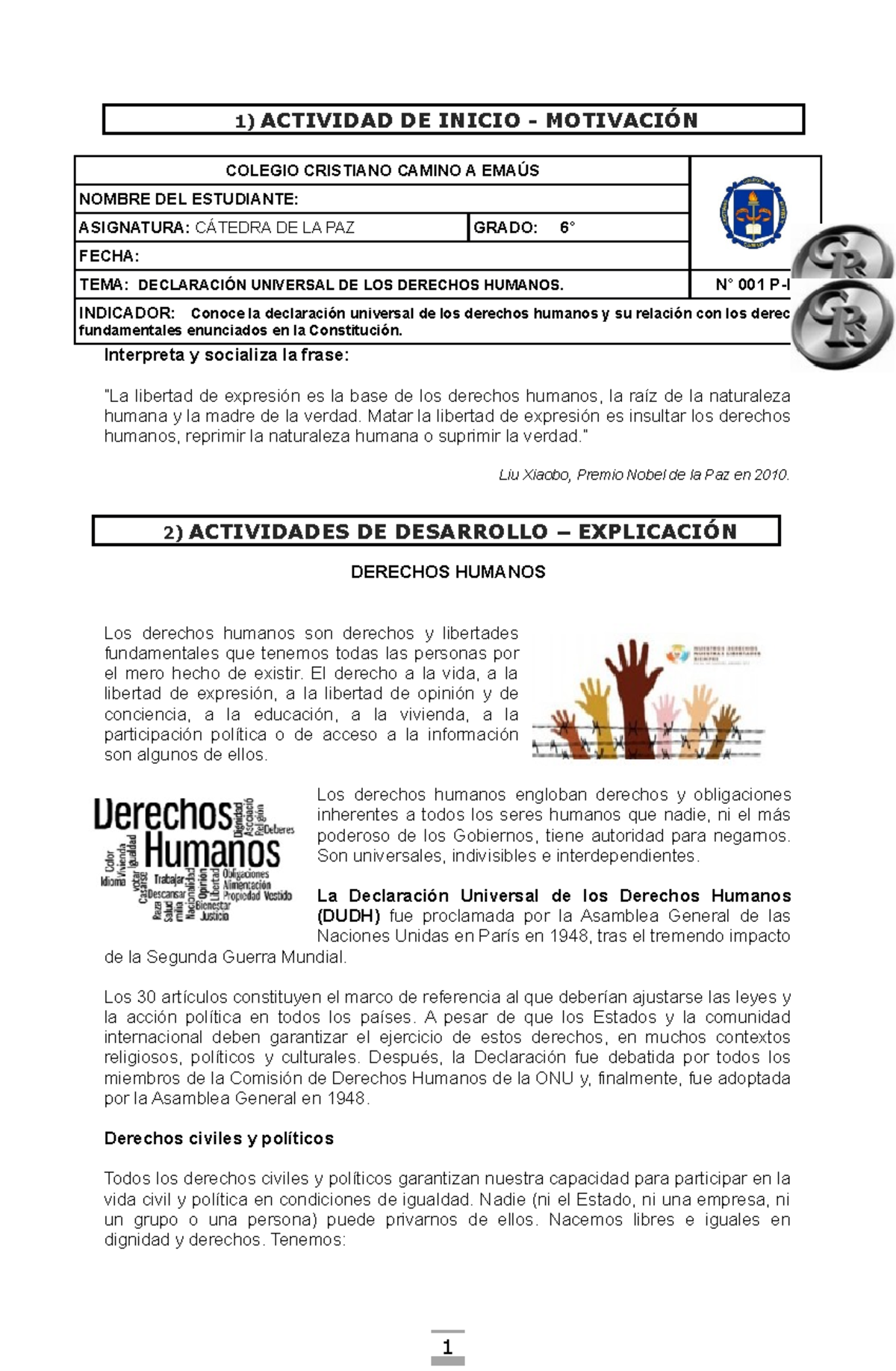 GUÍA 1 Declaración universal de los derechos humanos - 1)ACTIVIDAD DE ...