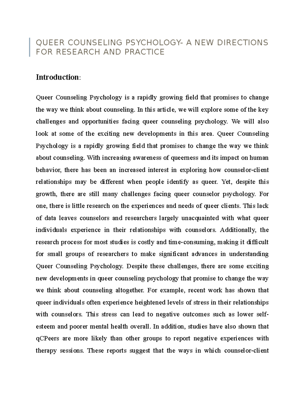 Queer Counseling Psychology A New Directions For Research And Practice