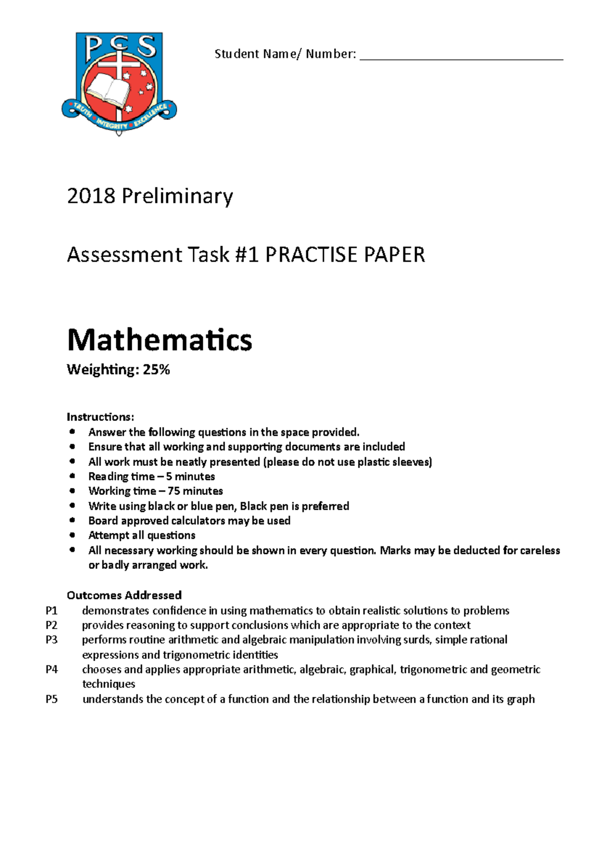 2018 Year 11 Mathematics Task 1 Practise Paper - Student Name/ Number