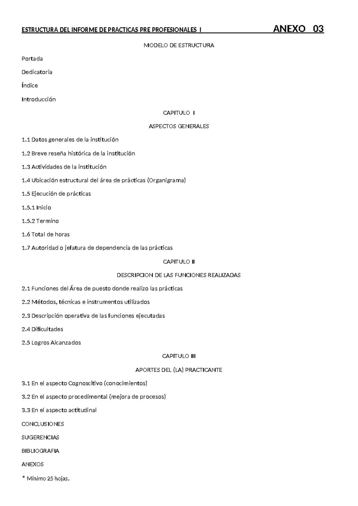 Anexo 03 Estructura DEL Informe DE Practicas PRE Profesionales - ESTRUCTURA DEL INFORME DE ...