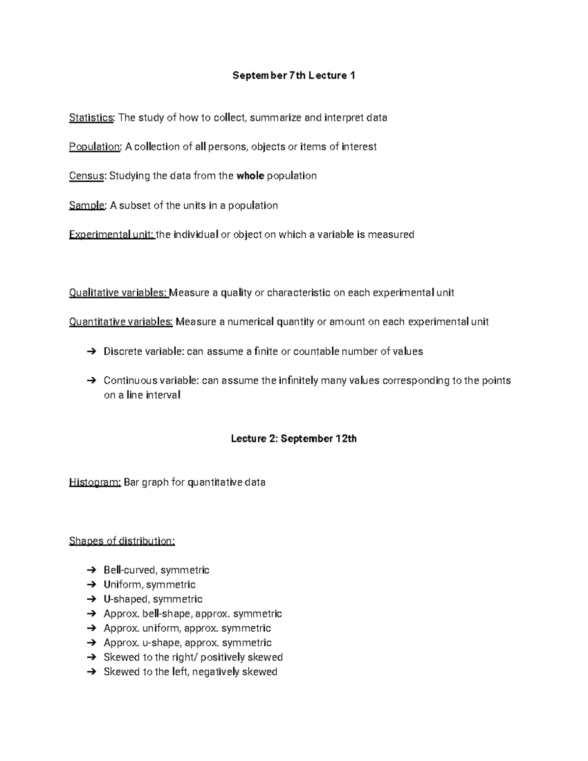 STAT 2507 Notes - September 7th Lecture 1 Statistics: The study of how ...