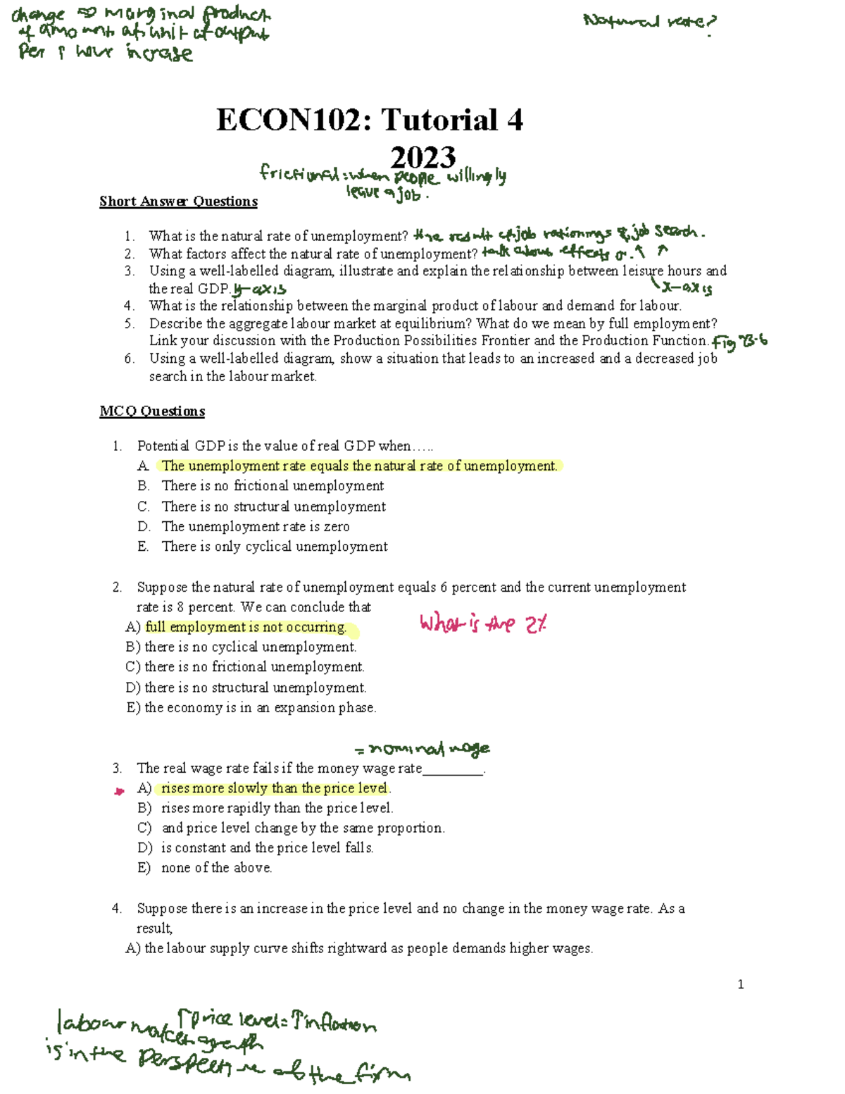 Tut4 - Pass through it - 1 ECON102: Tutorial 4 2023 Short Answer Questions 1. What is the ...