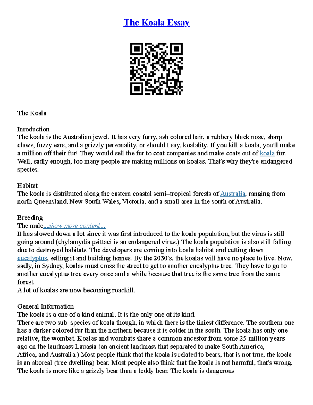 Topics For An Essay Paper - The Koala Essay The Koala Inroduction The ...