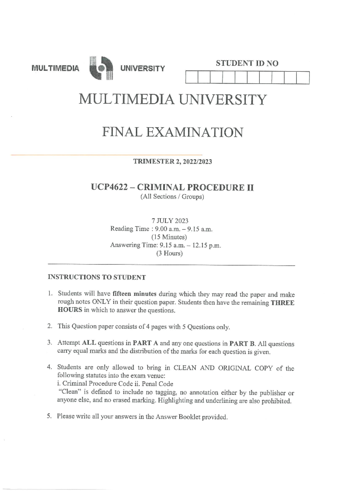 UCP4622 23 - Past Year Exam Paper - Criminal Law II - Studocu