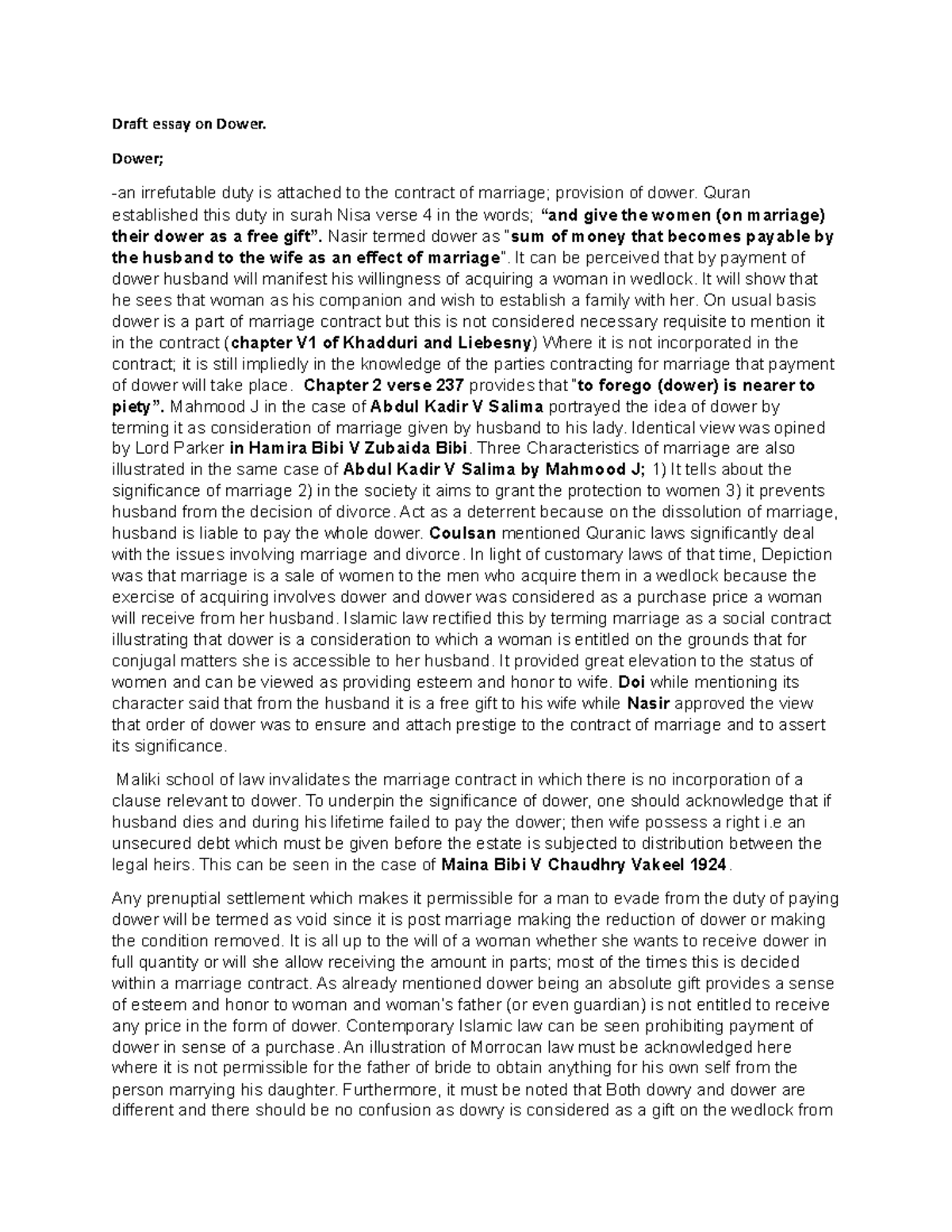 Draft essay on Dower - for hands on approach - Draft essay on Dower ...
