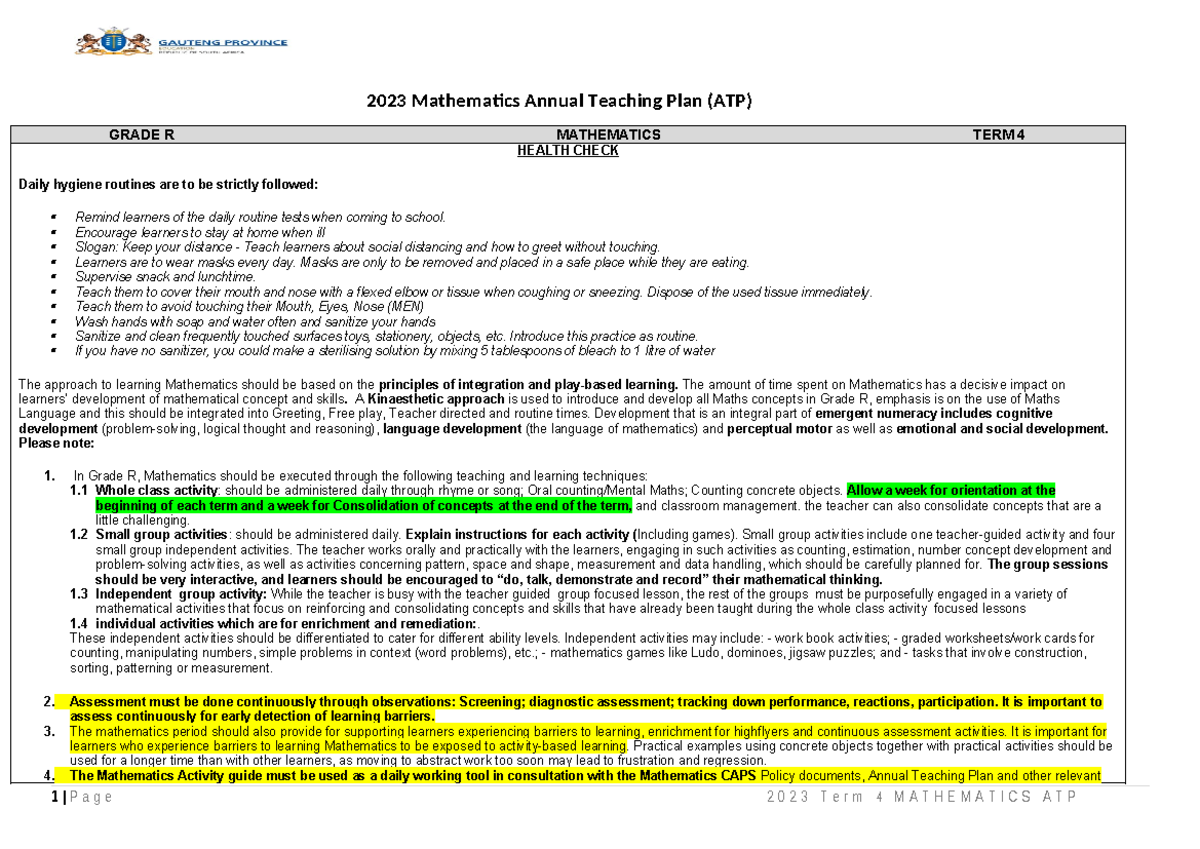 Mathematics TERM 4 ATP FIN - 2023 Mathematics Annual Teaching Plan (ATP ...
