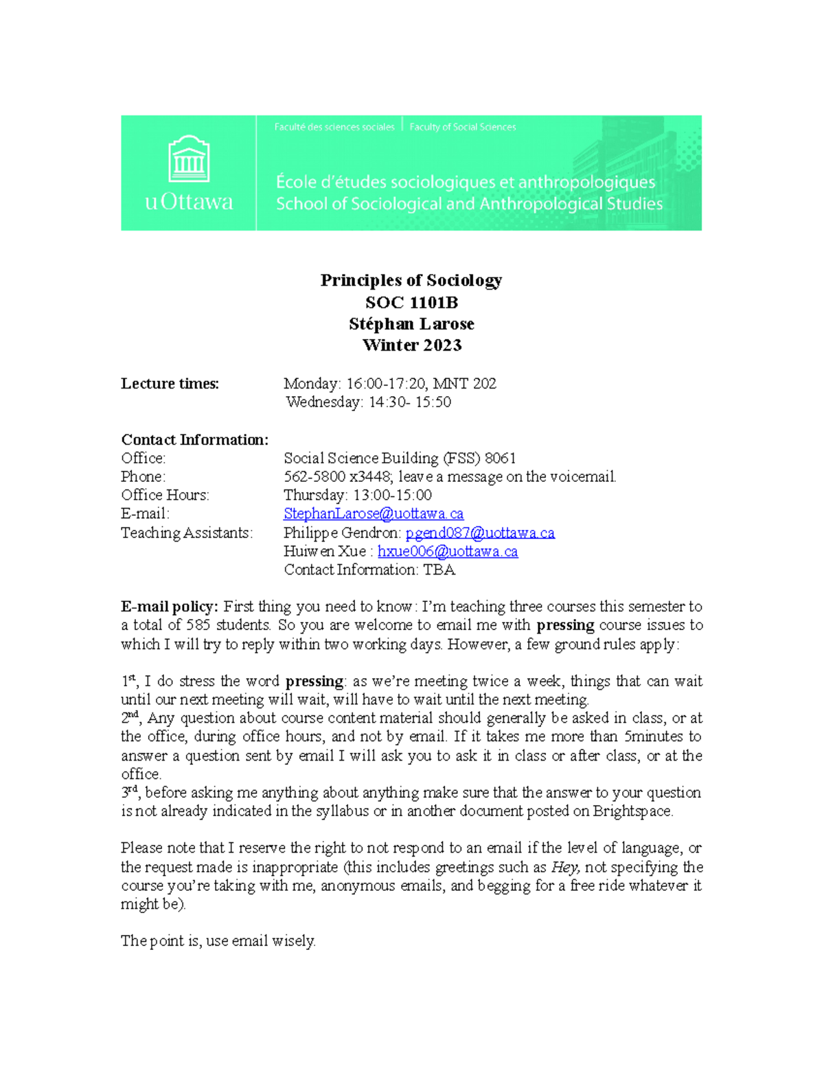 Syllabus 1101B - Principles of Sociology SOC 1101B Stéphan Larose ...