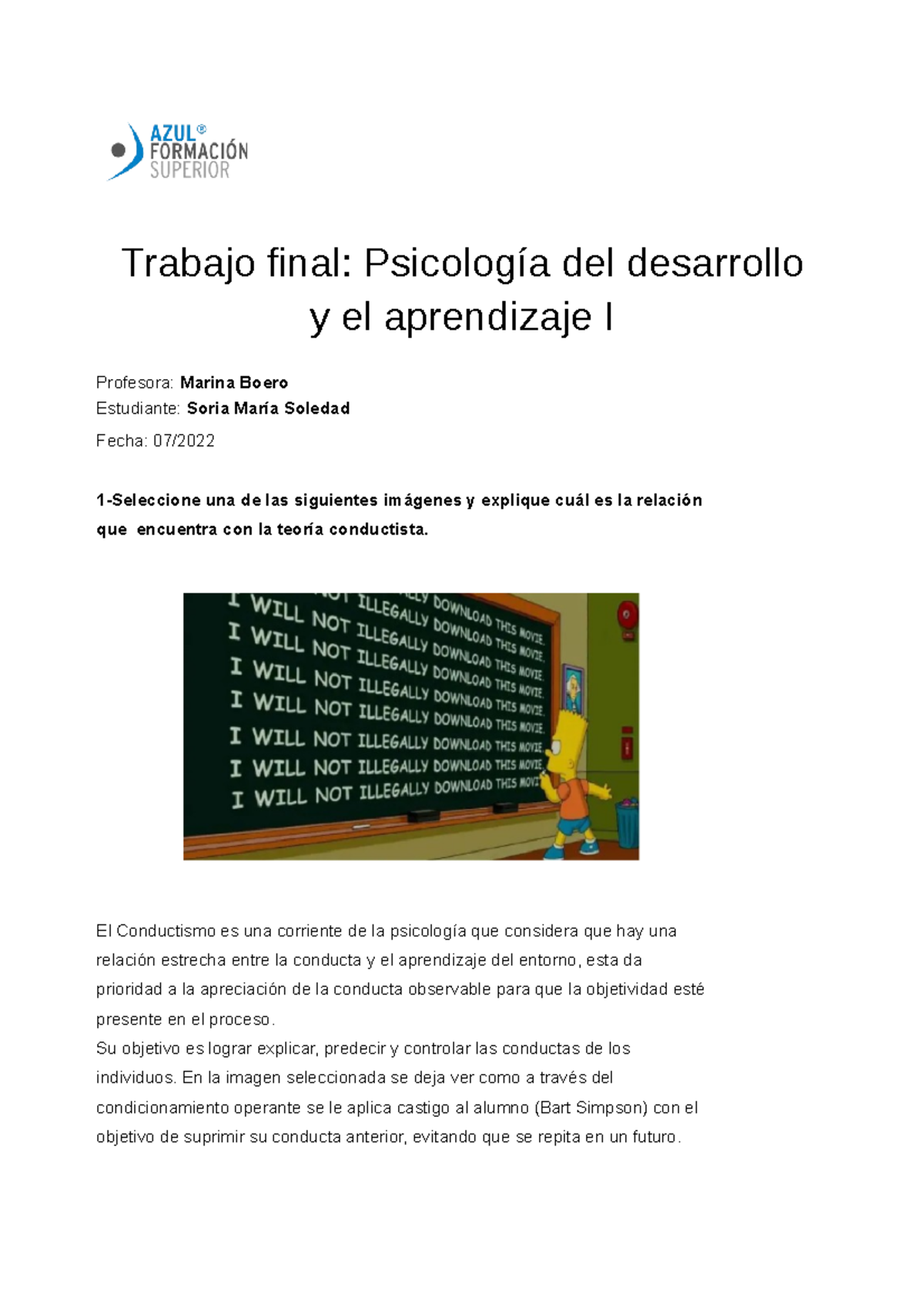 Trabajo Final - Trabajo final: Psicología del desarrollo y el aprendizaje I Profesora: Marina ...