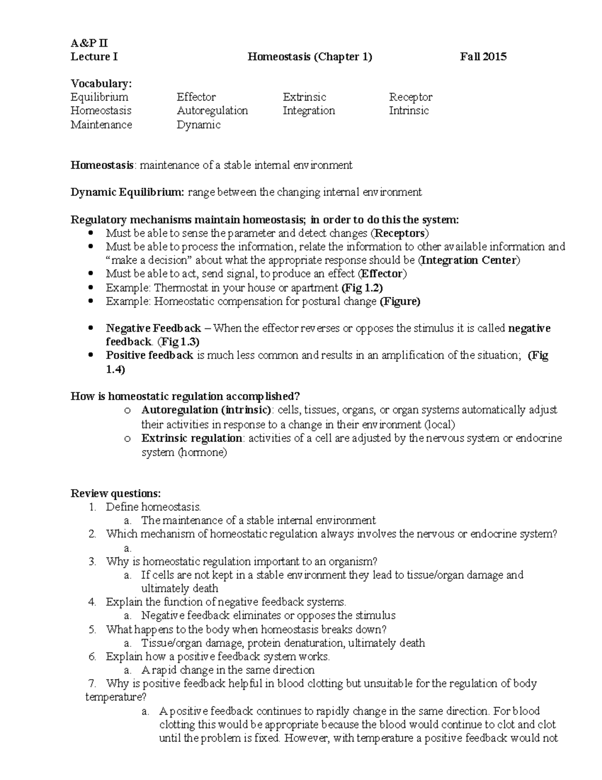 Homeostasis outline - A&P II Lecture I Homeostasis (Chapter 1) Fall ...