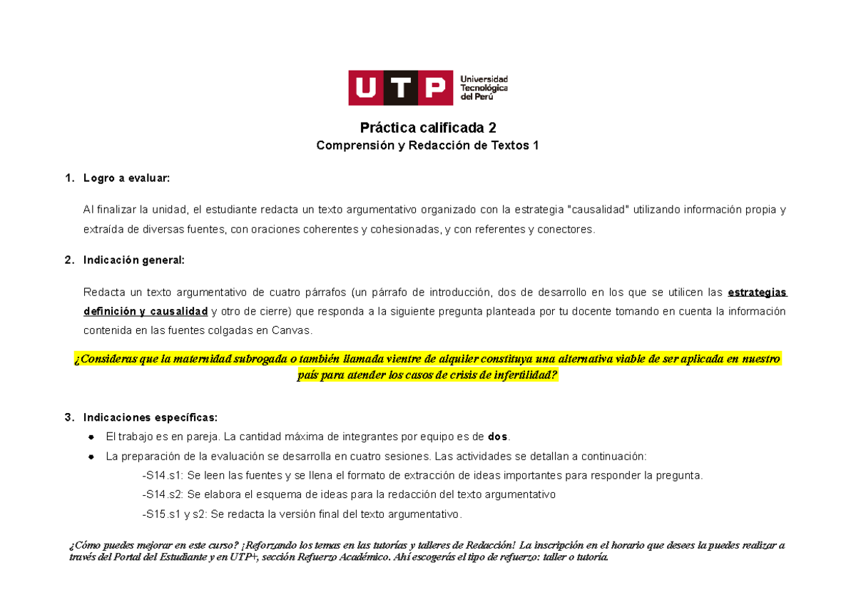 GC N01I PC2Consigna 22C1M - Práctica calificada 2 Comprensión y Redacción de Textos 1 Logro a ...