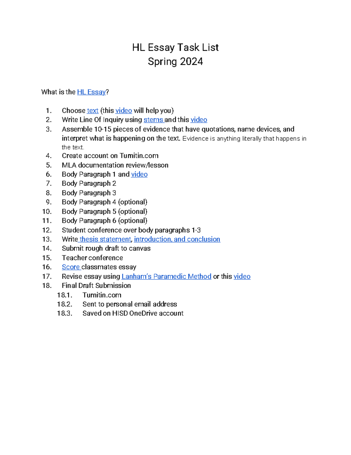 HL essay task List - HL Essay Task List Spring 2024 What is the HL ...