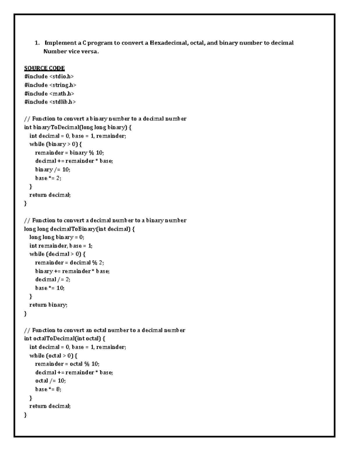 Computer Organization LAB Manual - Implement a C program to convert a Hexadecimal, octal, and ...