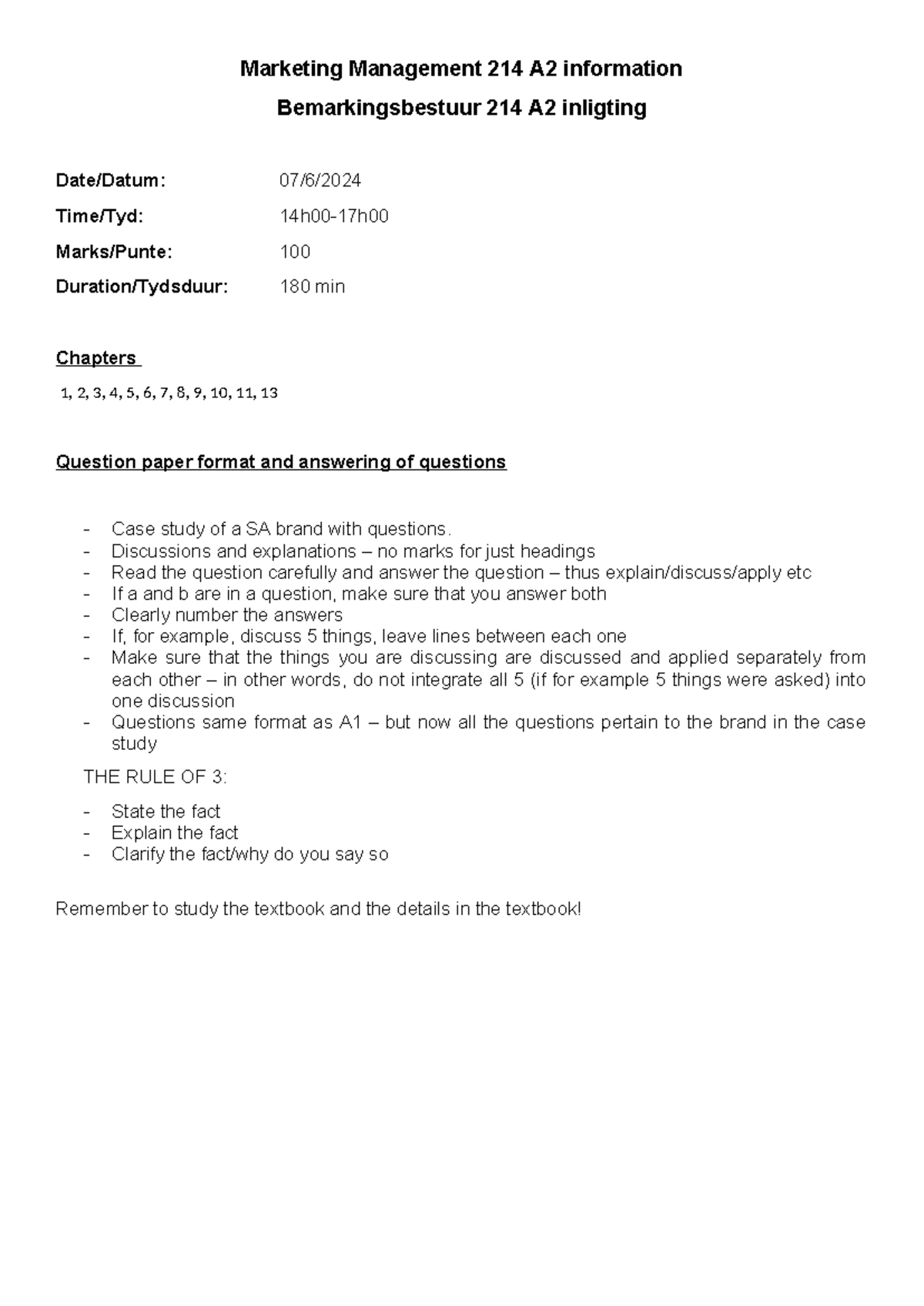 A2 A3 information inligting 2024 - Marketing Management 214 A2 ...