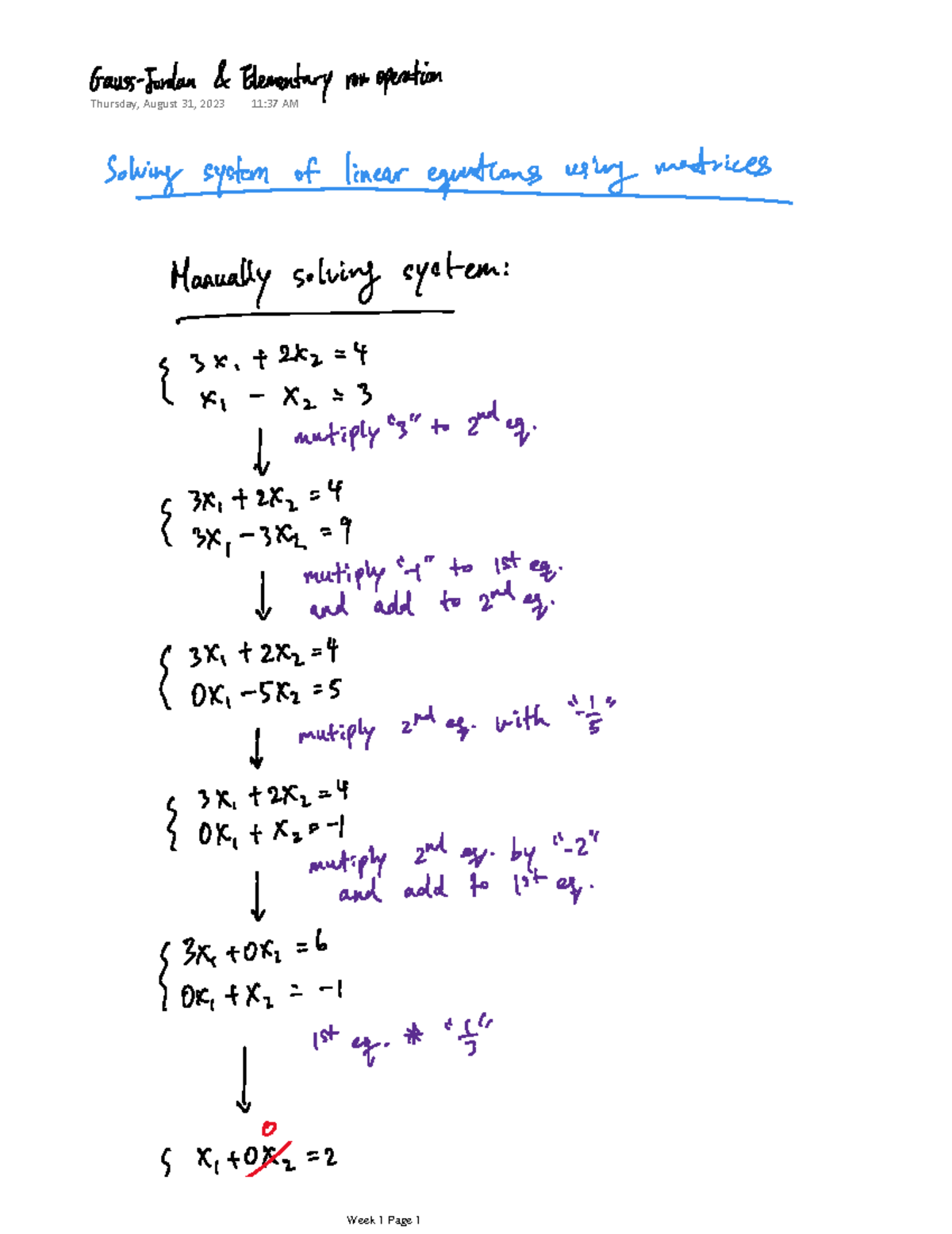 Gauss Jordan & Elementary row operation - MATH 160.00 - Thursday ...