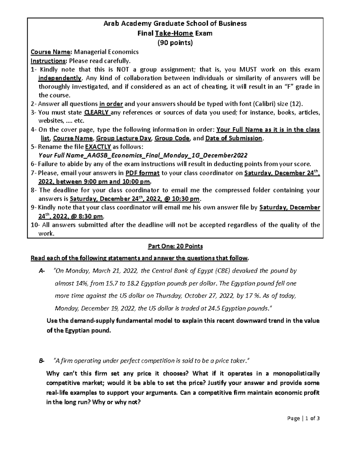Aagsb-Managerial Economics-Final Exam-Monday-1G-Dec'22 - Arab Academy ...