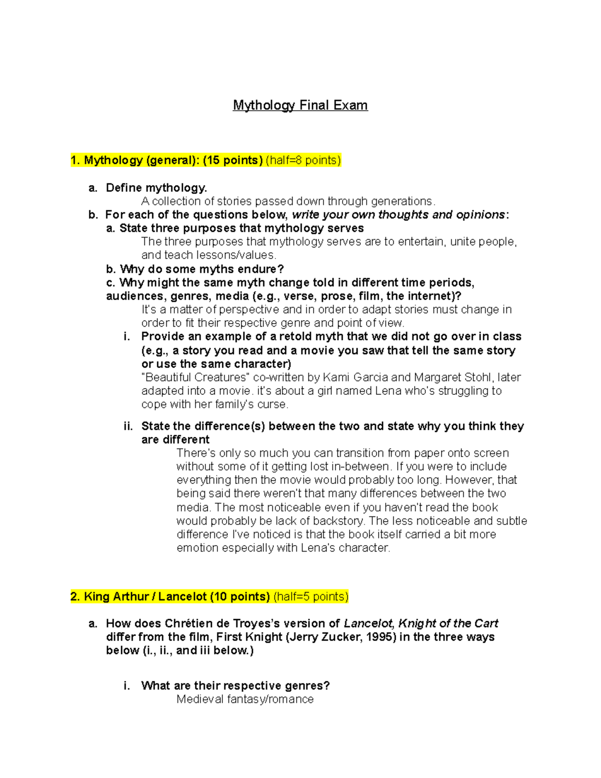 Mythology Final - HUM 114 - SCCC - Studocu