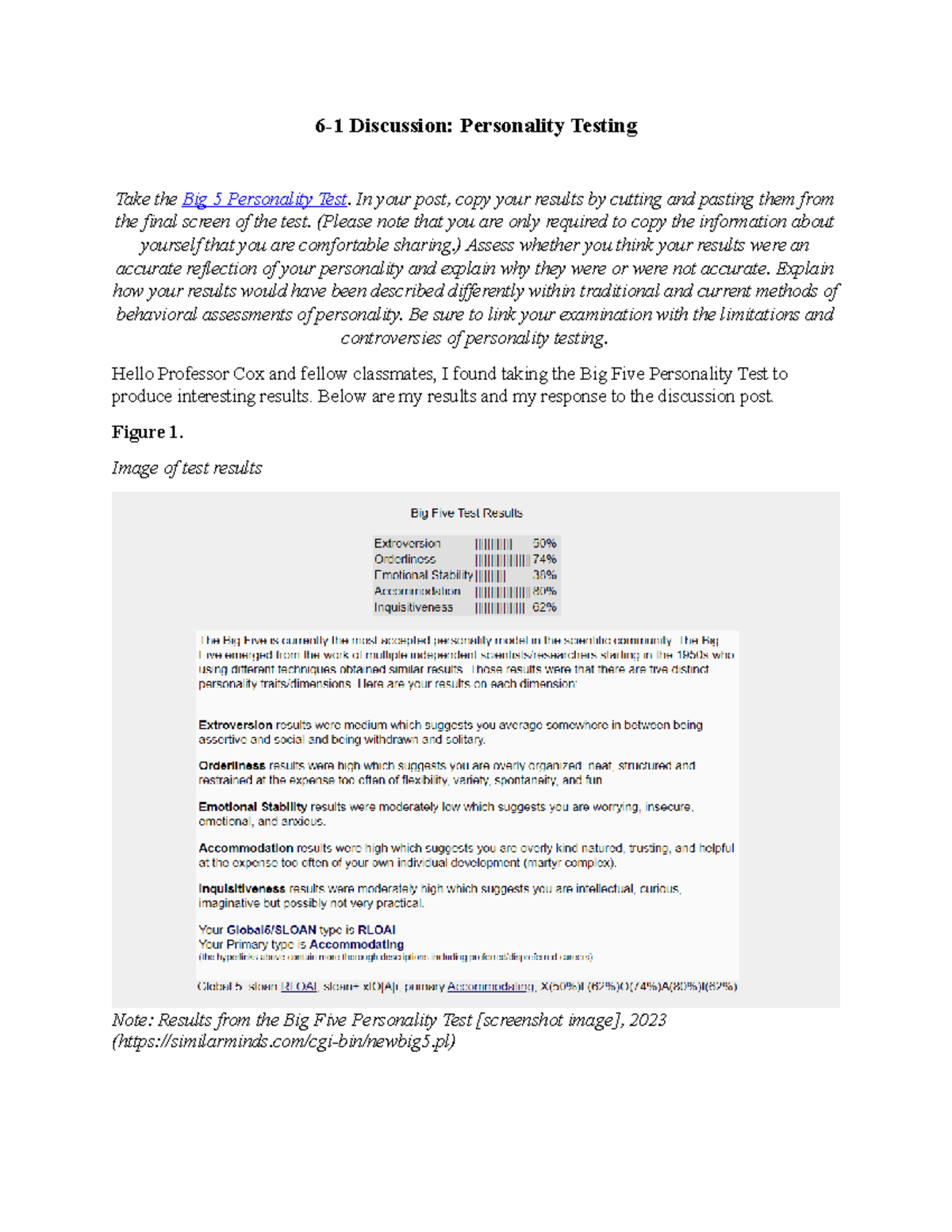 6-1 Discussion- Personality Testing - In your post, copy your results ...