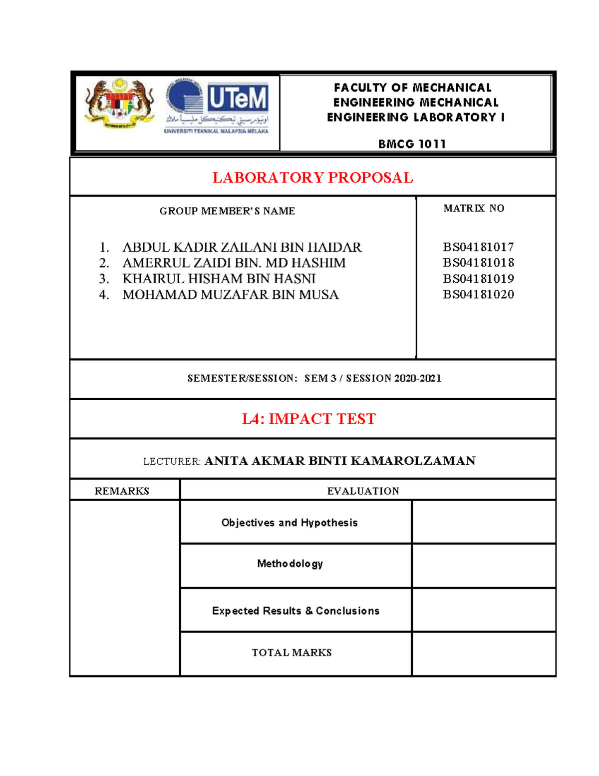 Proposal Impact test P1A - LABORATORY PROPOSAL FACULTY OF MECHANICAL ...