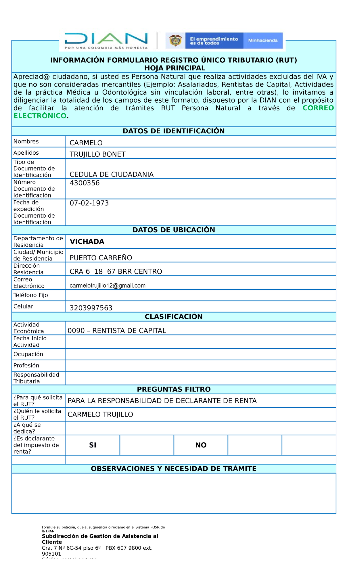 Formato RUT PN que no requiere CCcio - INFORMACIÓN FORMULARIO REGISTRO ...