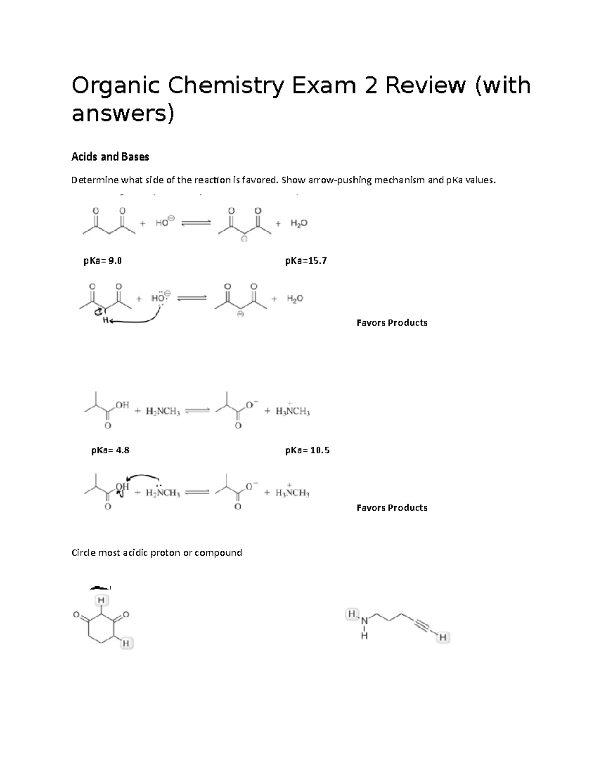 Organic Chemistry Exam 2 Review (with answers) - Show arrow-pushing ...