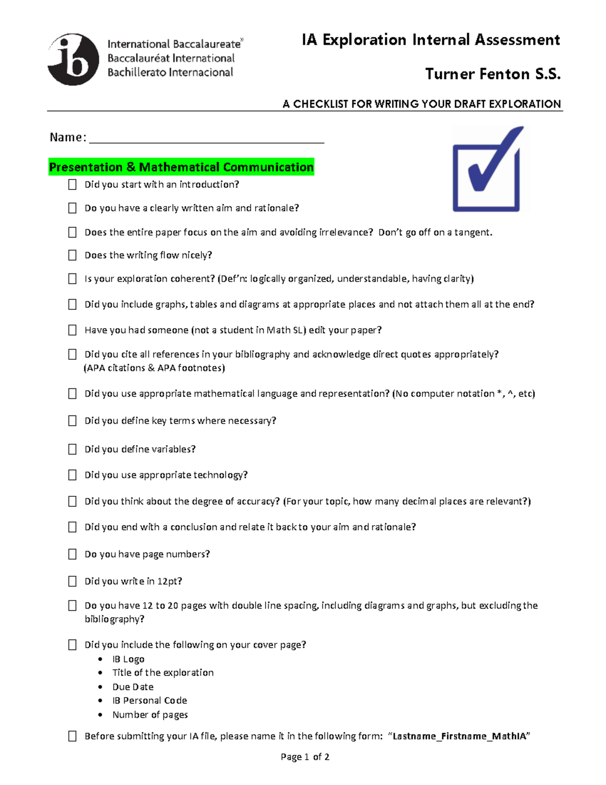 02. IB Math SL IA Checklist Calculus - Page 1 of 2 IA Exploration ...