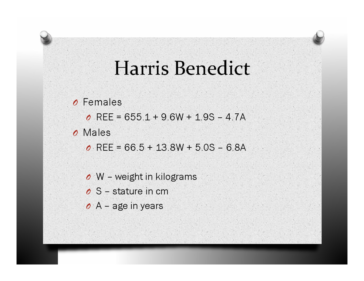FCS 730 Determining EE Assignment - Harris Benedict O Females O REE ...