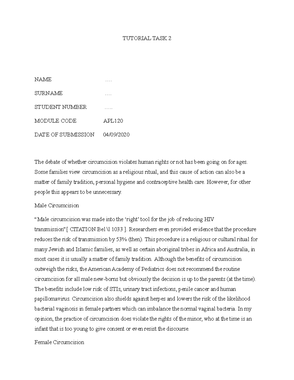 Tutorial TASK 2 - TUTORIAL TASK 2 NAME .... SURNAME .... STUDENT NUMBER ..... MODULE CODE APL ...
