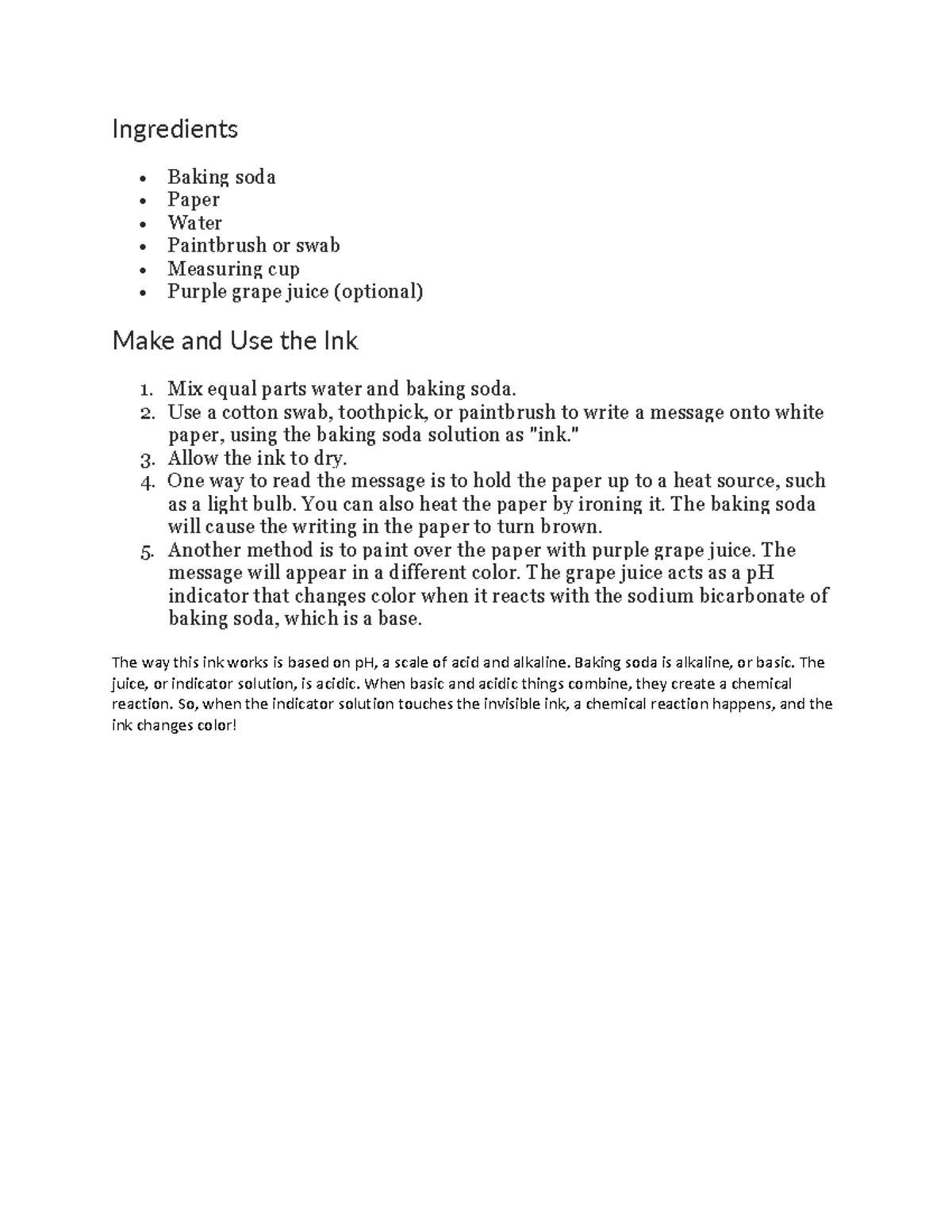 Invisible INK - Experiment - Ingredients Baking soda Paper Water ...