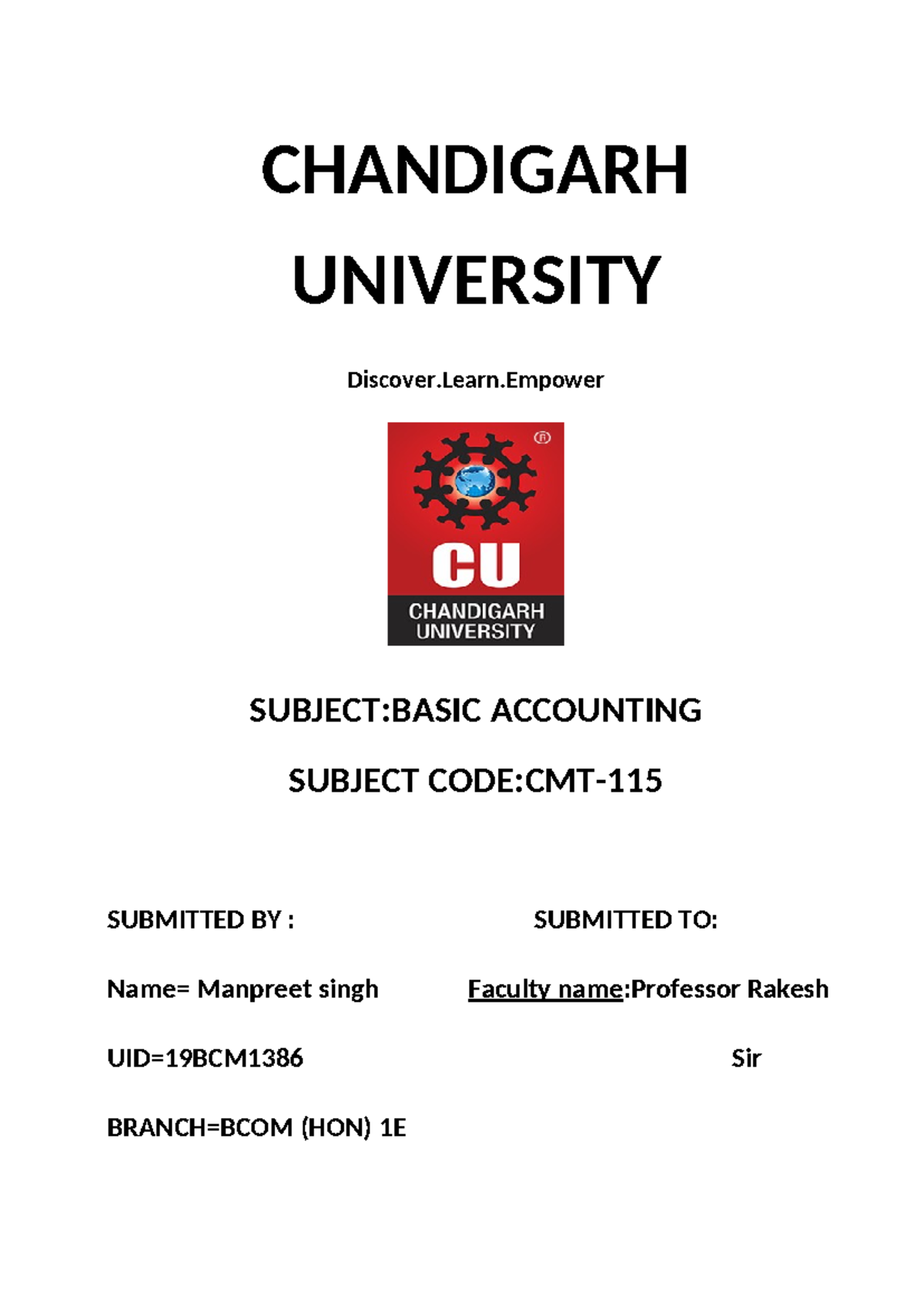 Basic accounting assignment - CHANDIGARH UNIVERSITY Discover.Learn ...