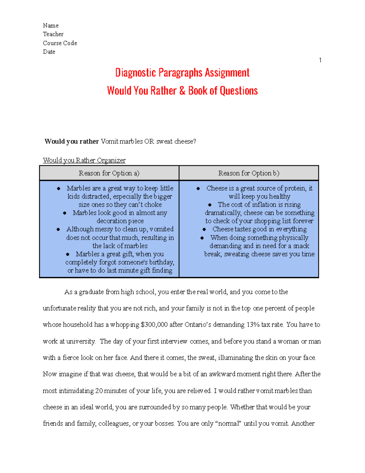 Diagnostic Paragraphs - name - Teacher Course Code Date 1 Diagnostic ...