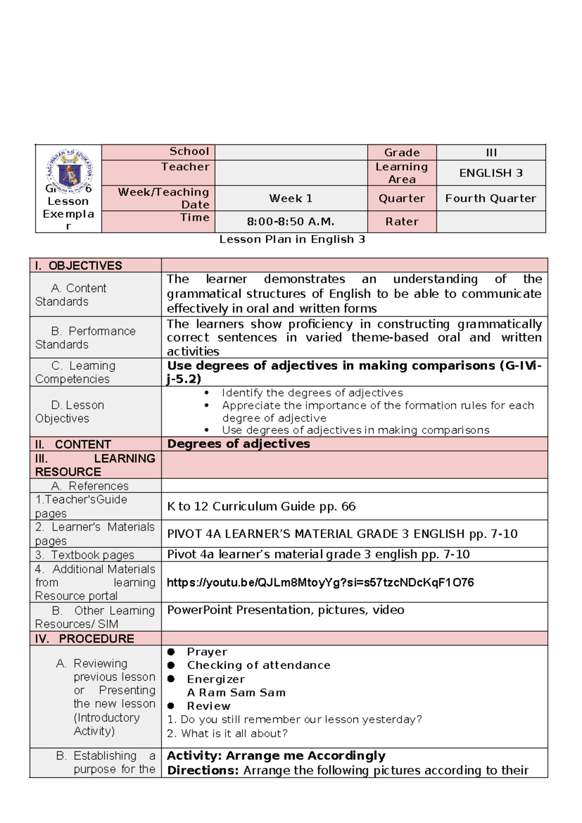 English 3 week 1 - Copy - Grade 6 Lesson Exempla r School Grade III ...