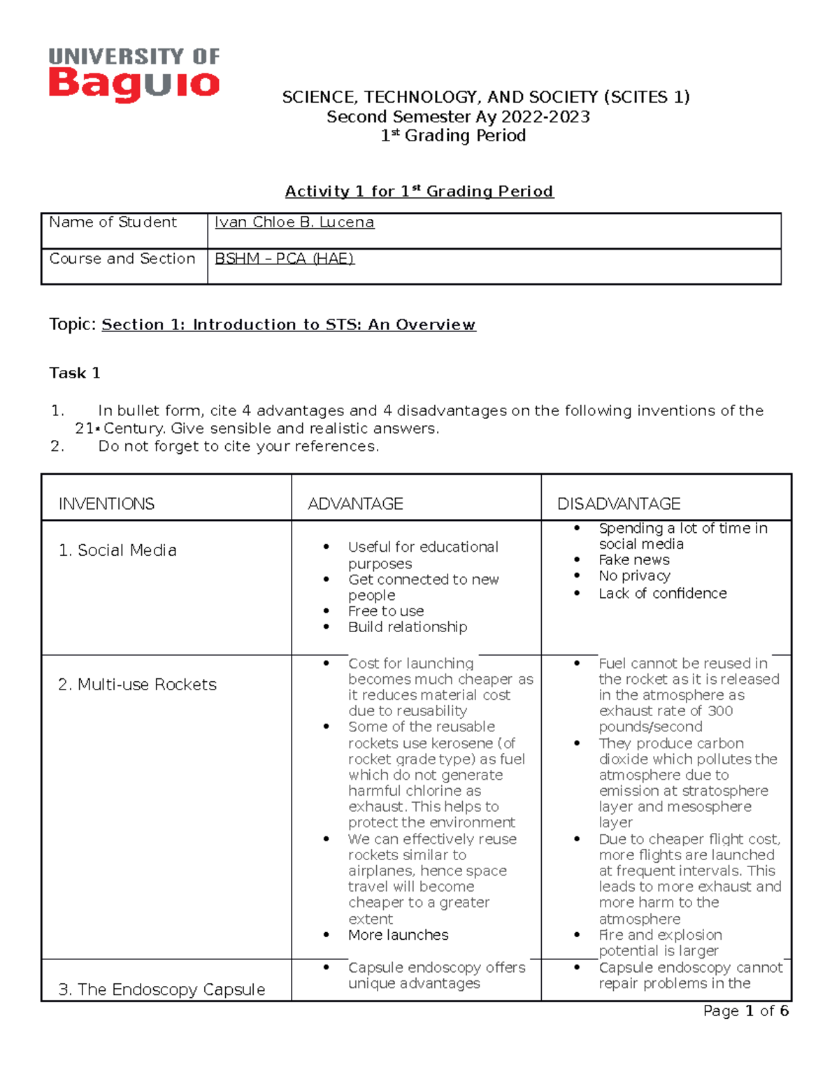 Activity 1 for 1st Grading Period - Lucena, IVAN Chloe B. - HAE ...