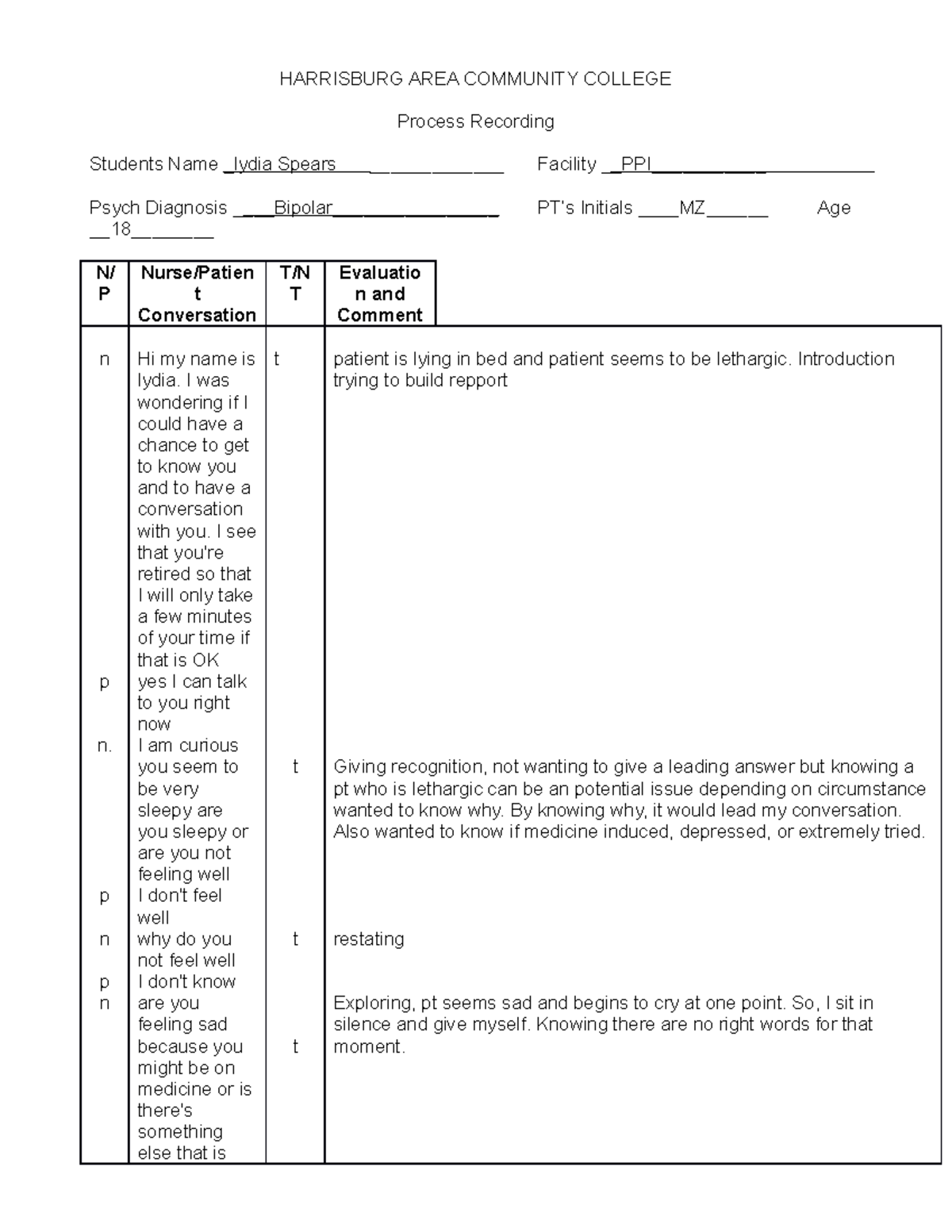 Blank Process Recording - HARRISBURG AREA COMMUNITY COLLEGE Process ...