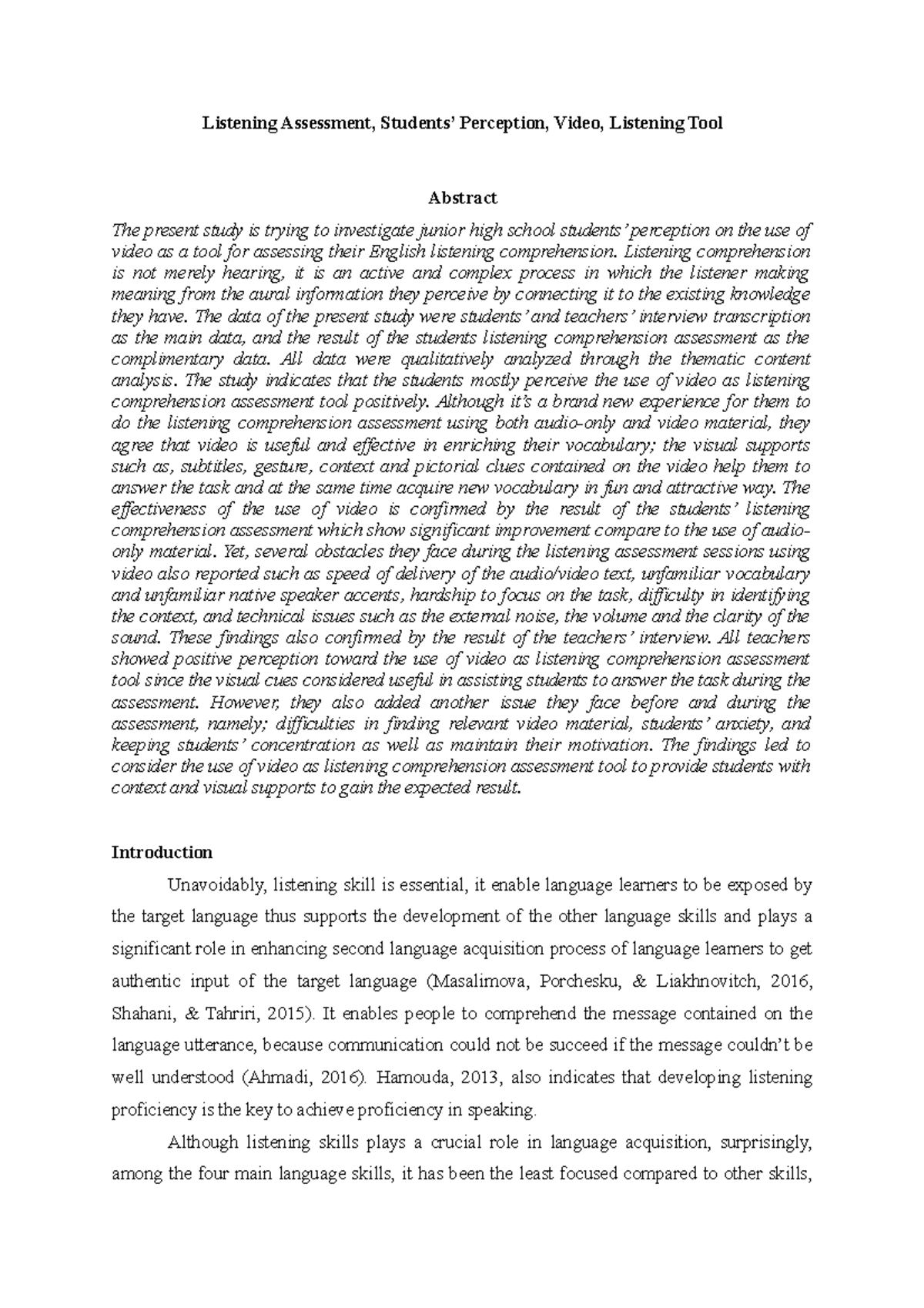 Listening Assessment, Students’ Perception, Video, Listening Tool ...