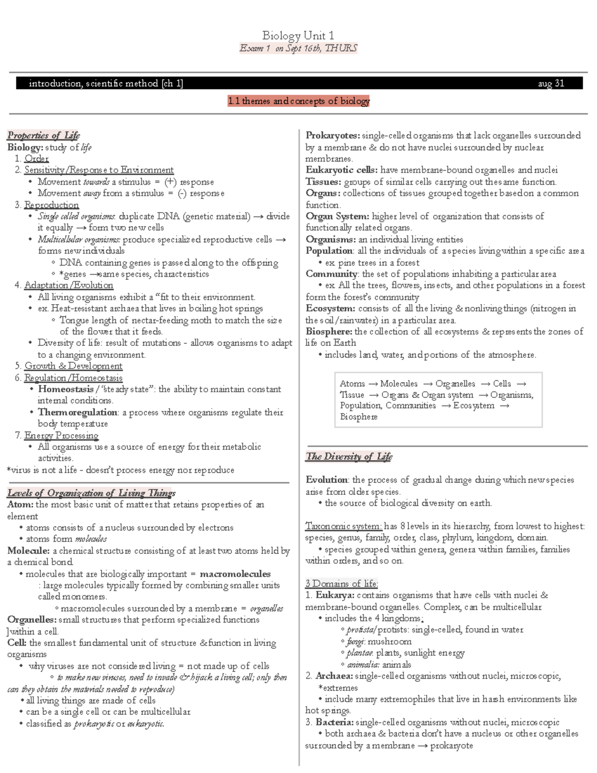 Biology Unit 1 n OTES - introduction, scientific method [ch 1] chemical ...