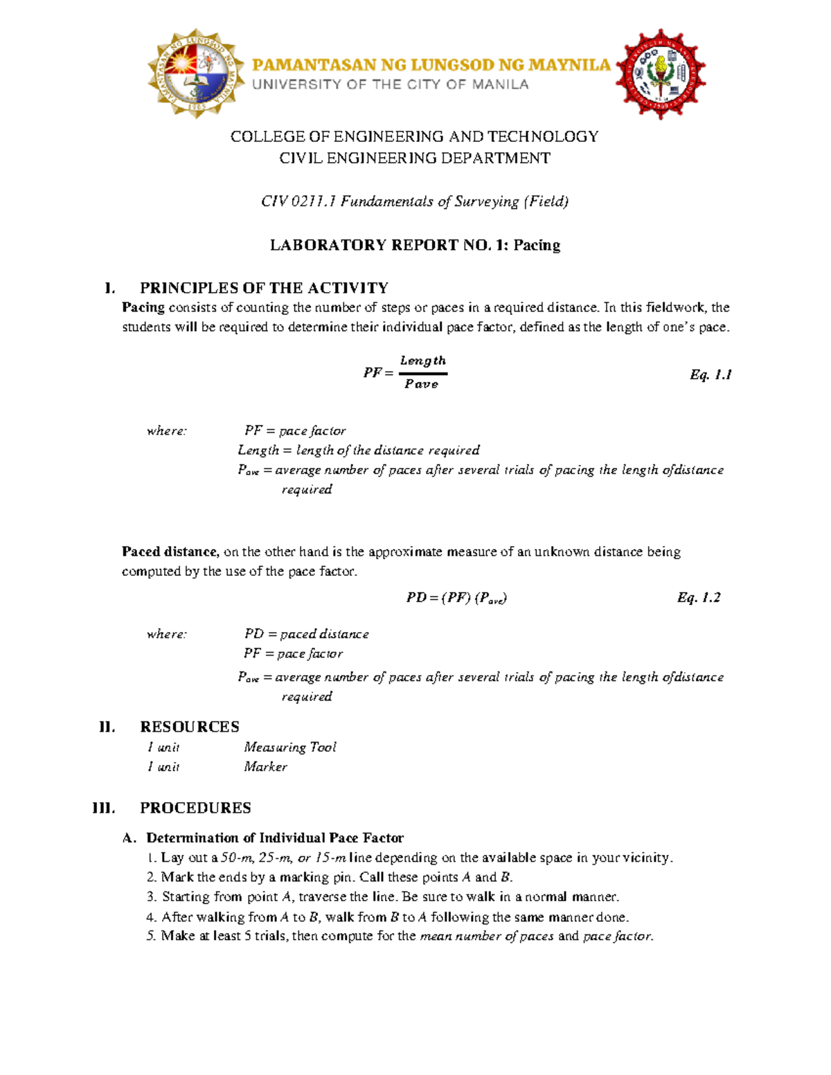 Surveying Field (Laboratory) - Laboratory Report 1 concerning pacing ...