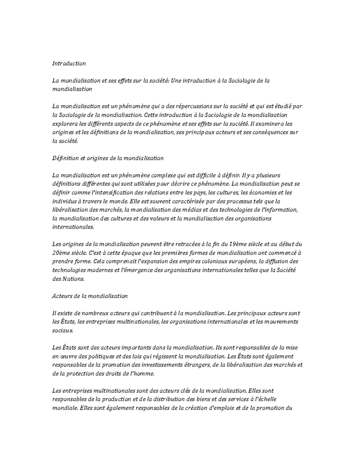 Sociologie de la mondialisation Notes de cours - Introduction La ...